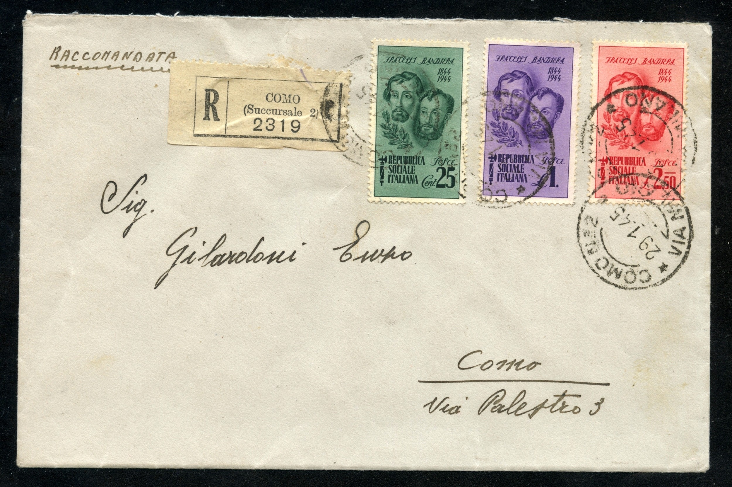 1945 - REPUBBLICA SOCIALE - FRATELLI BANDIERA 3v. - BUSTA RACCOMANDATA ...