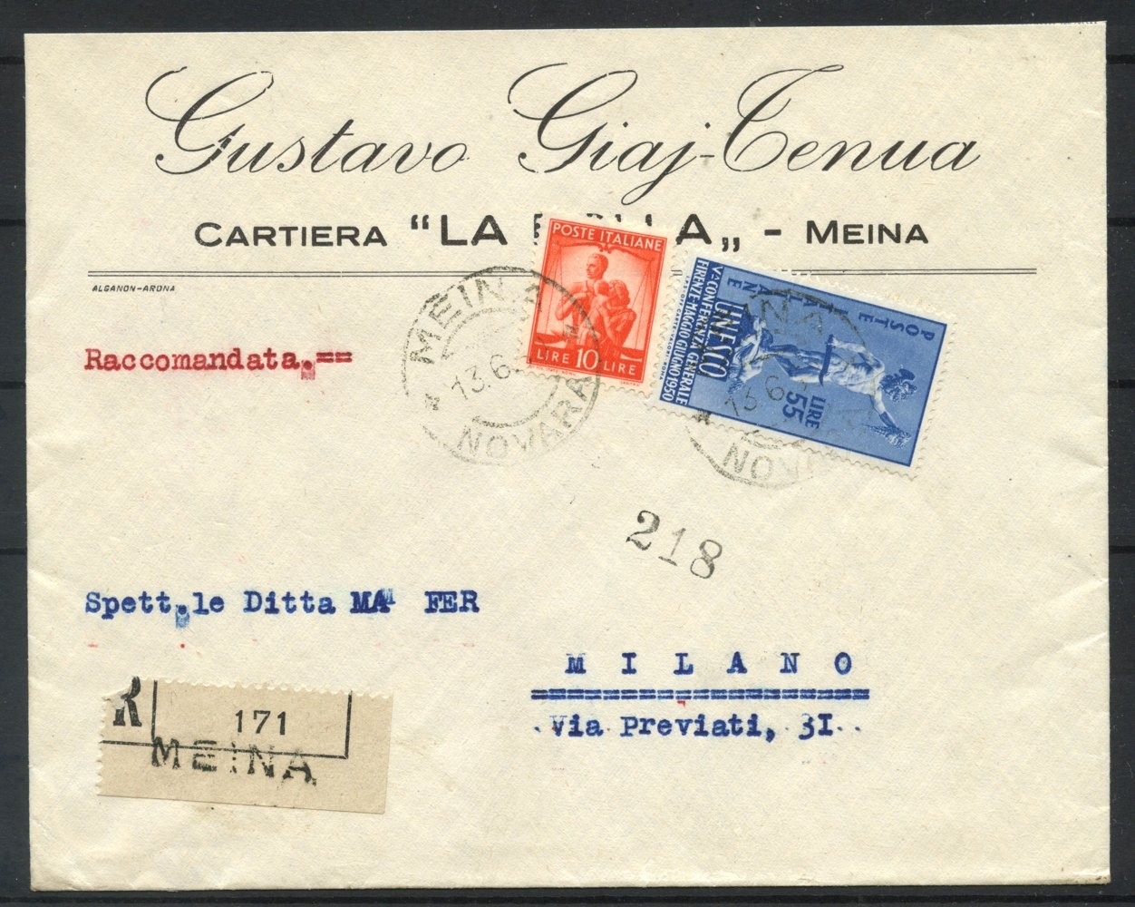 1950 - REPUBBLICA - LOTTO/40368 - 55 LIRE UNESCO SU BUSTA RACCOMANDATA