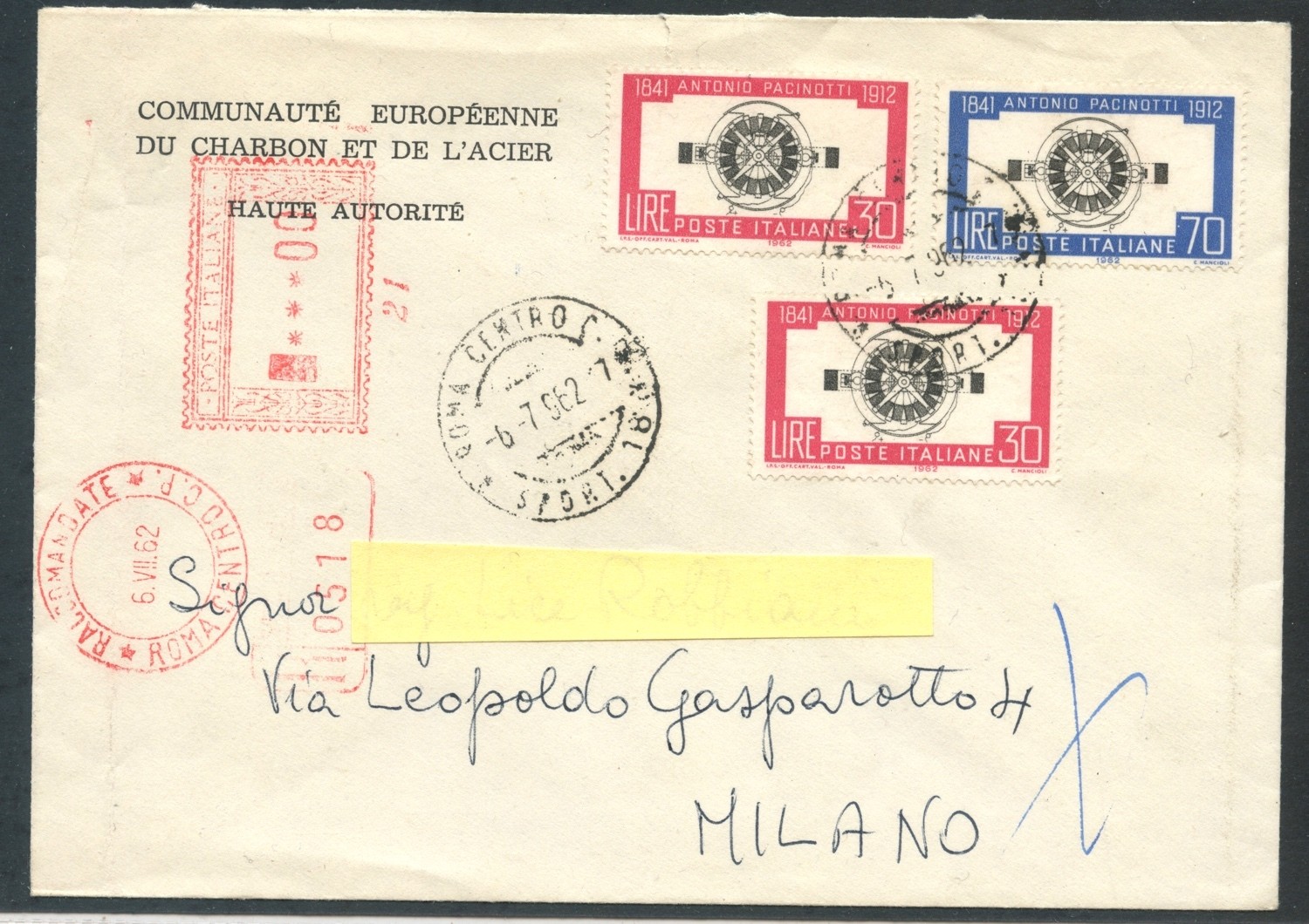 1962 - REPUBBLICA - ANTONIO PACINOTTI - BUSTA RACCOMANDATA - LOTTO/28996